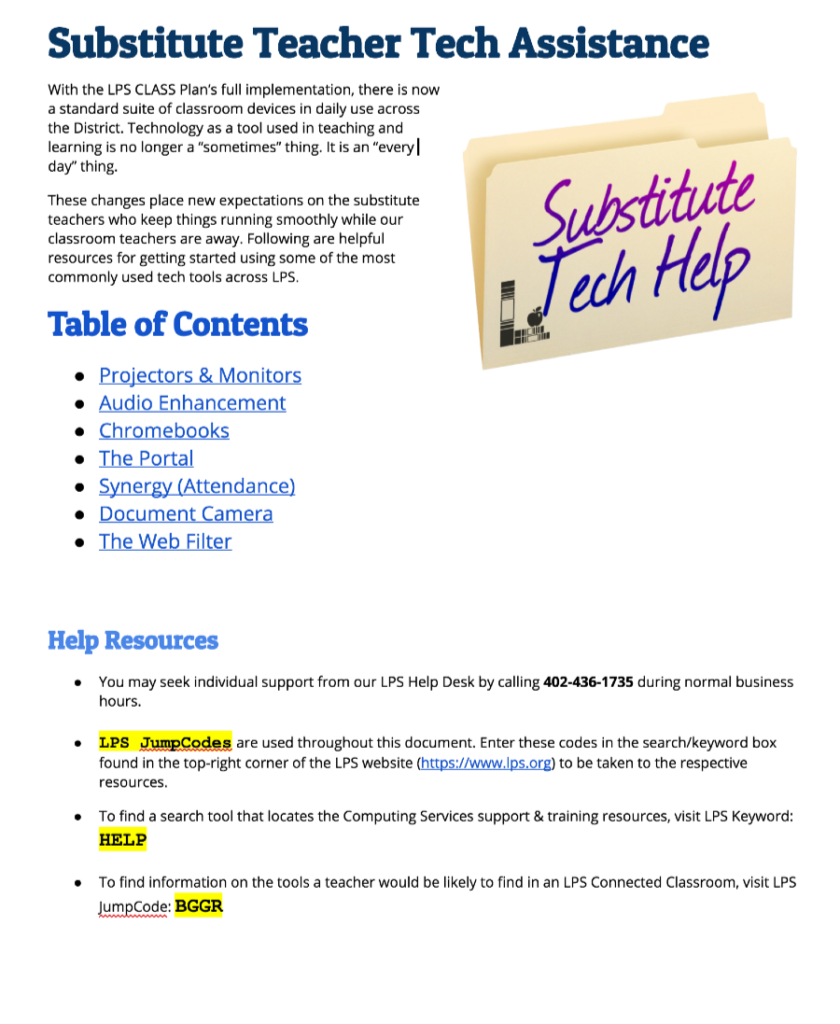LPS Computing Services | Substitute Teacher Tech Support Packet